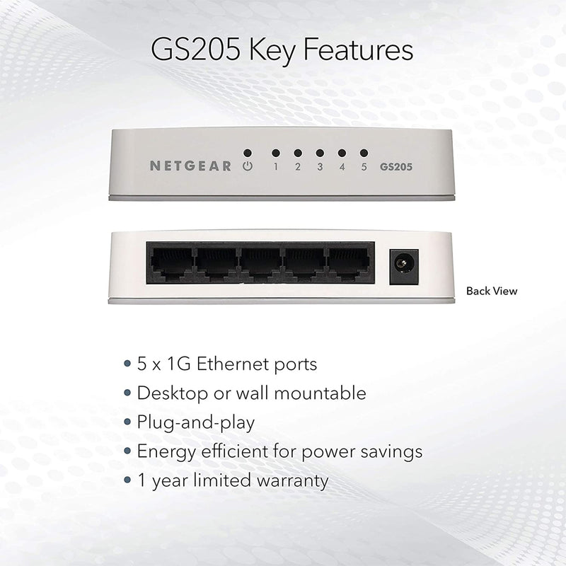 NETGEAR GS205 5-Port Gigabit Ethernet Network Hub for Home and Office