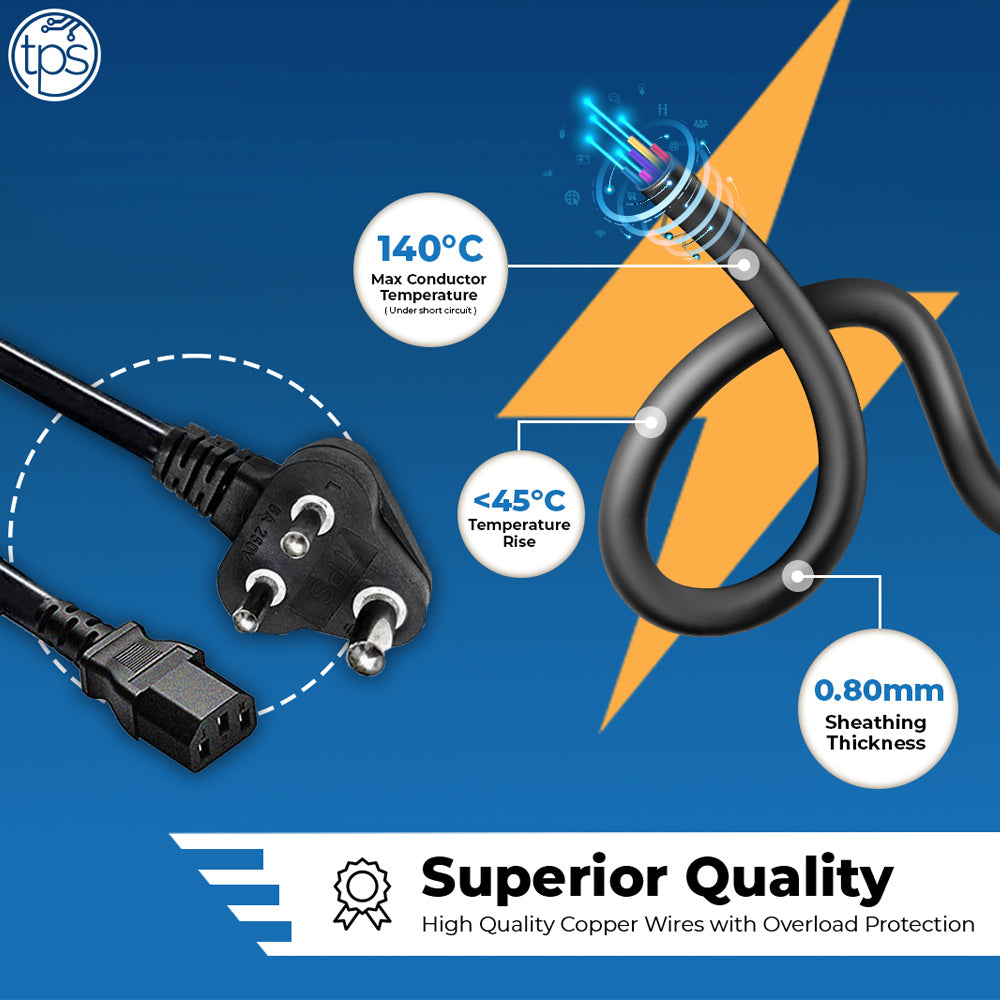 TPS 3 Pin Indian Plug Desktop Power Cable Cord 1.5 Meter - tpstech.in